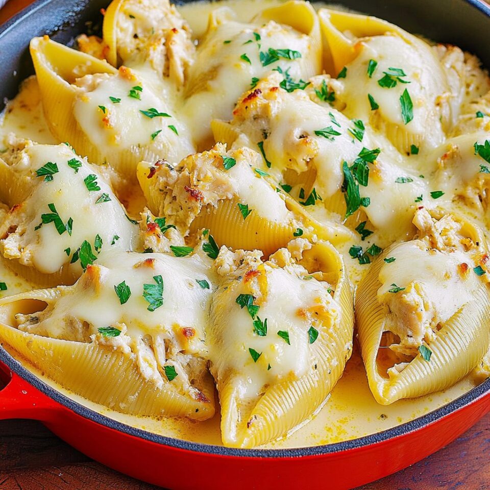 Garlic Butter Chicken Alfredo Stuffed Shells Recipe - My Daily Cuisine