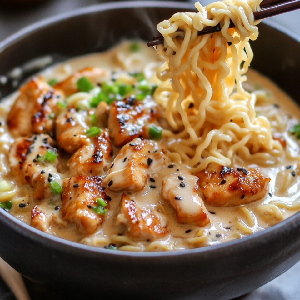 Fiery Chicken Ramen with Creamy Garlic Sauce - My Daily Cuisine